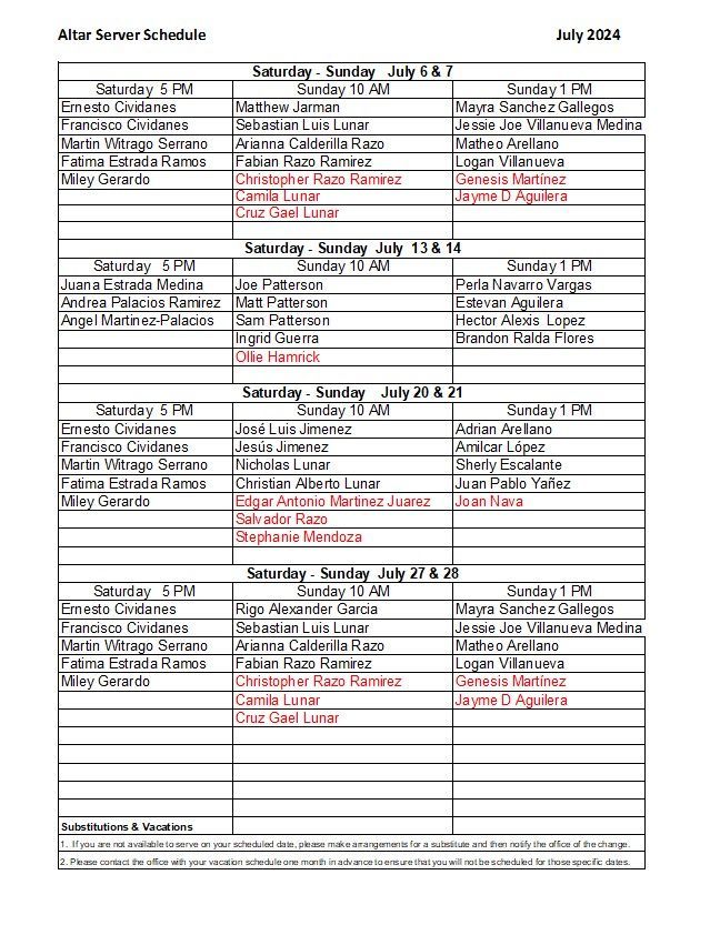 Altar Server Schedule