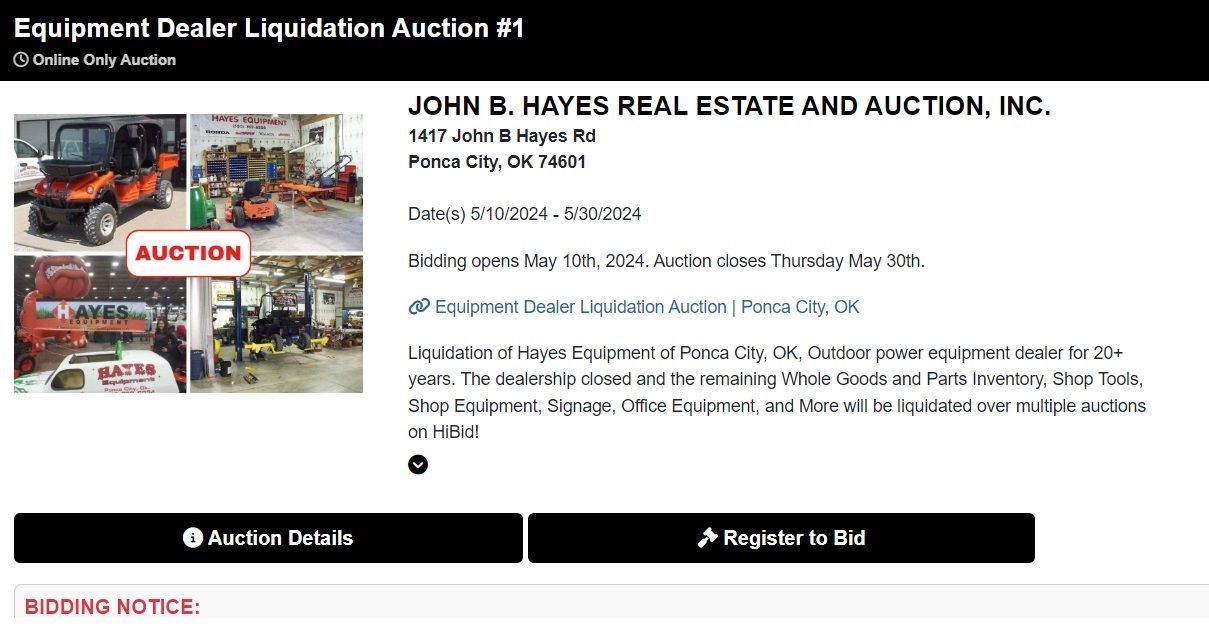 Power Equipment Dealer Liquidation | Hayes Auction | Oklahoma
