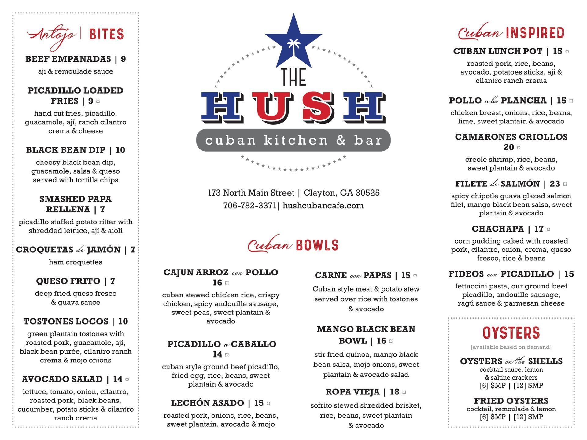 Menu | Clayton, GA | Hush Cuban Kitchen & Bar