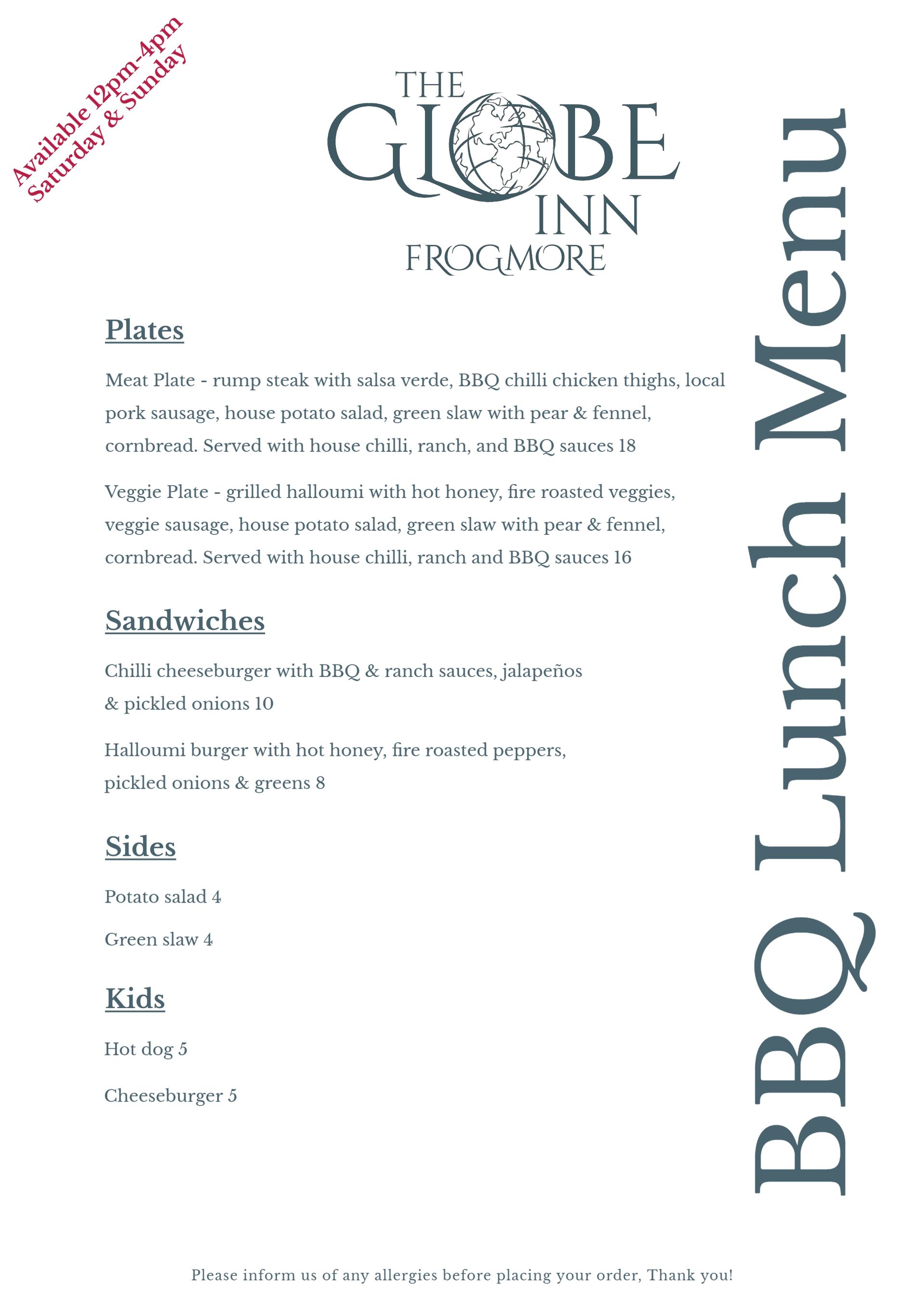 Our Menu – The Globe Inn Frogmore – Homemade, fresh foods near Kingsbridge
