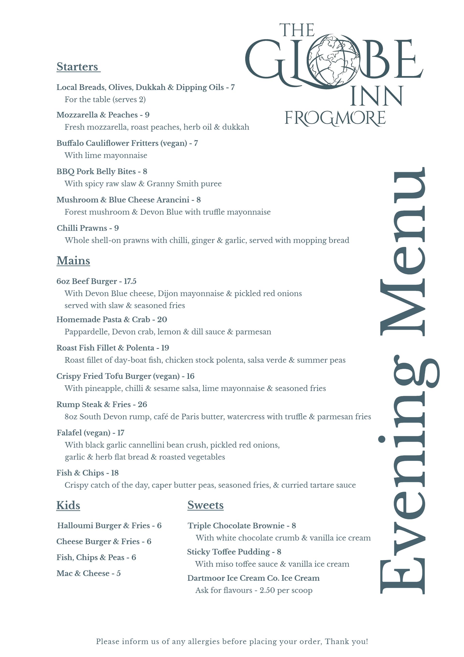 Our Menu – The Globe Inn Frogmore – Homemade, fresh foods near Kingsbridge