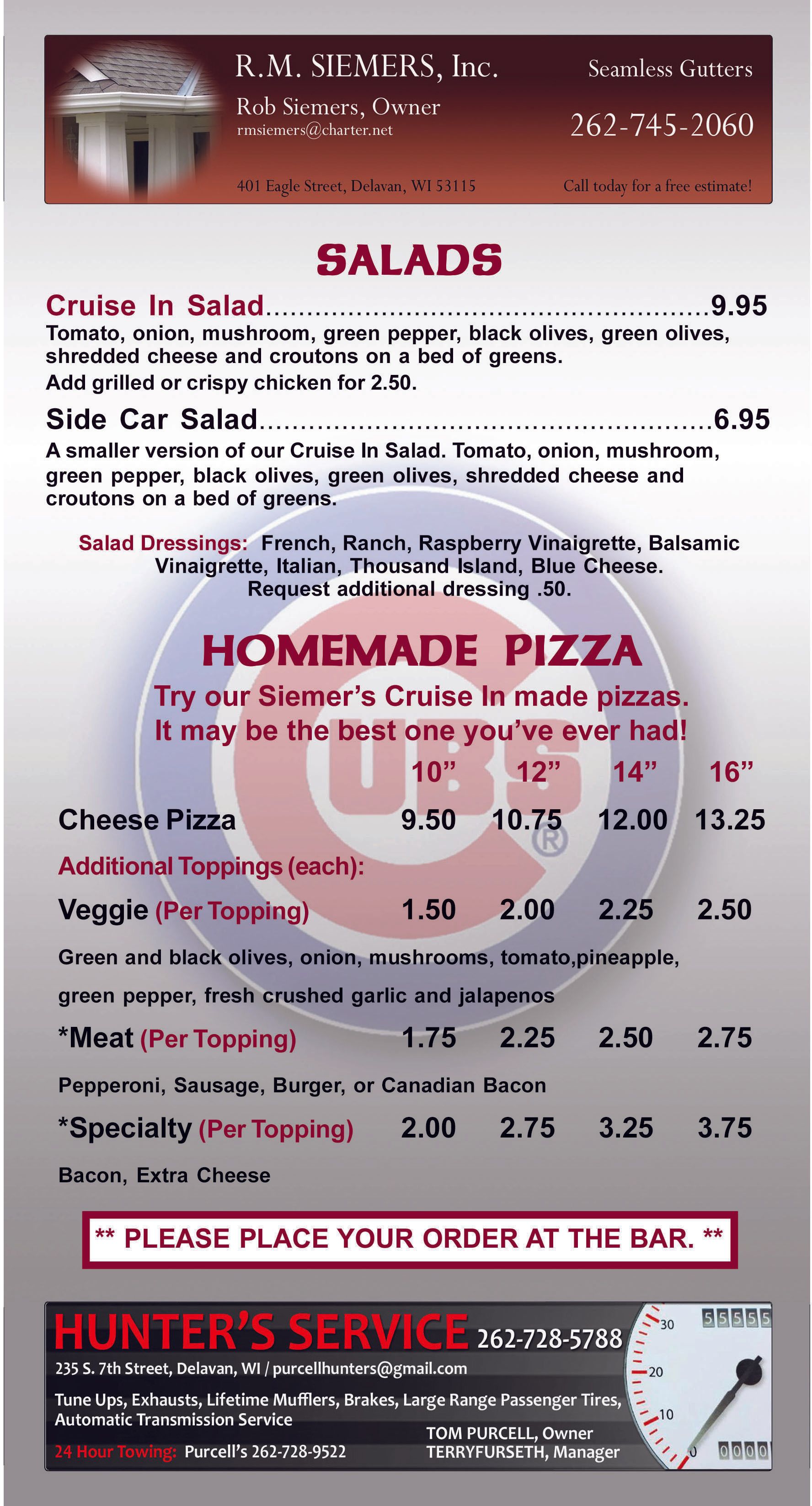 Our Menu | Walworth, WI | Siemers Cruise-In Bar & Grill