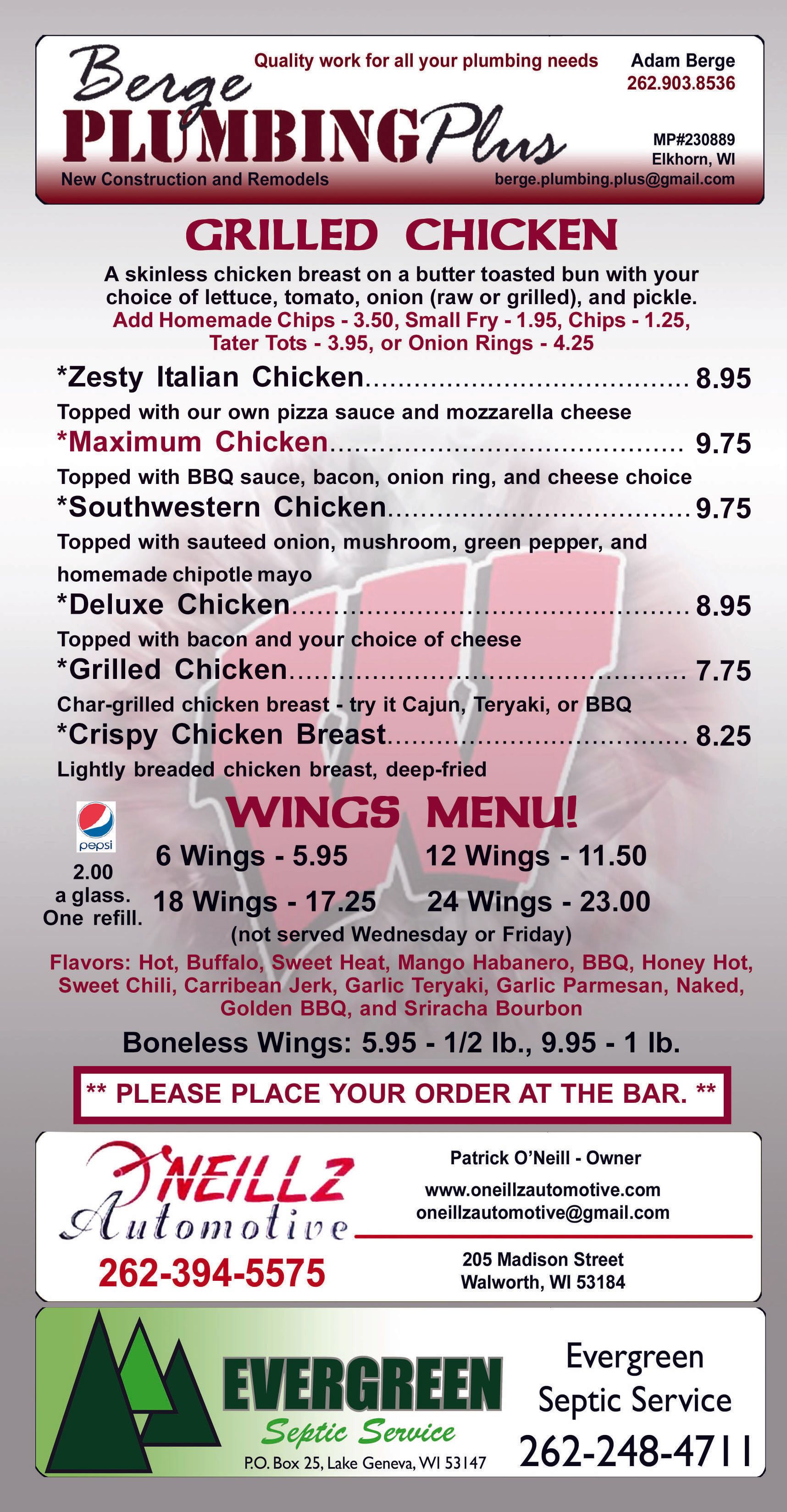 Our Menu | Walworth, WI | Siemers Cruise-In Bar & Grill