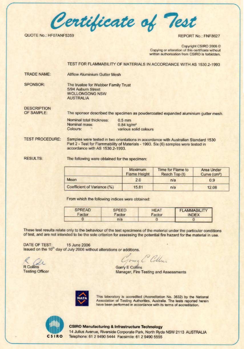 Fire Rating Certificate | All-Flow Gutter Mesh