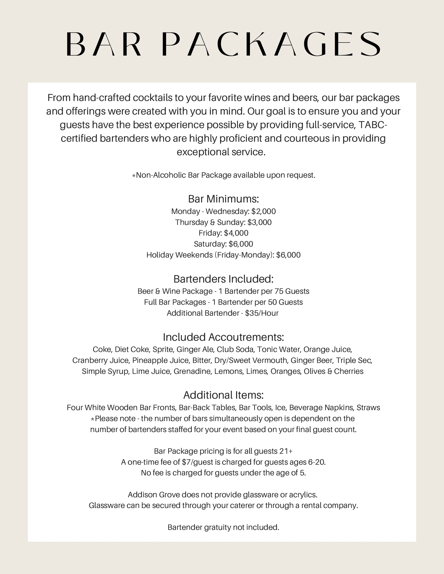 Addison Grove Bar Packages