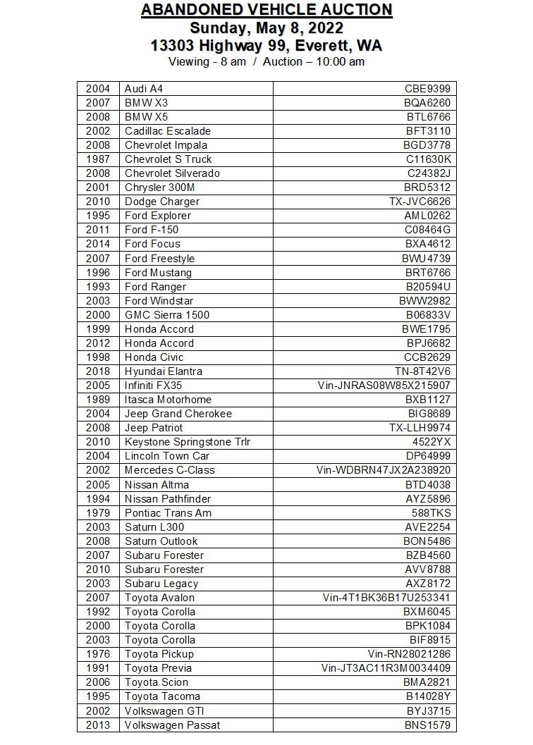Vehicle Auction-Everett, WA - Mary's Towing