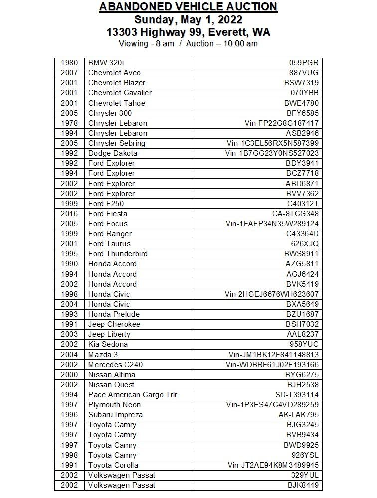 Vehicle Auction-Everett, WA - Mary's Towing