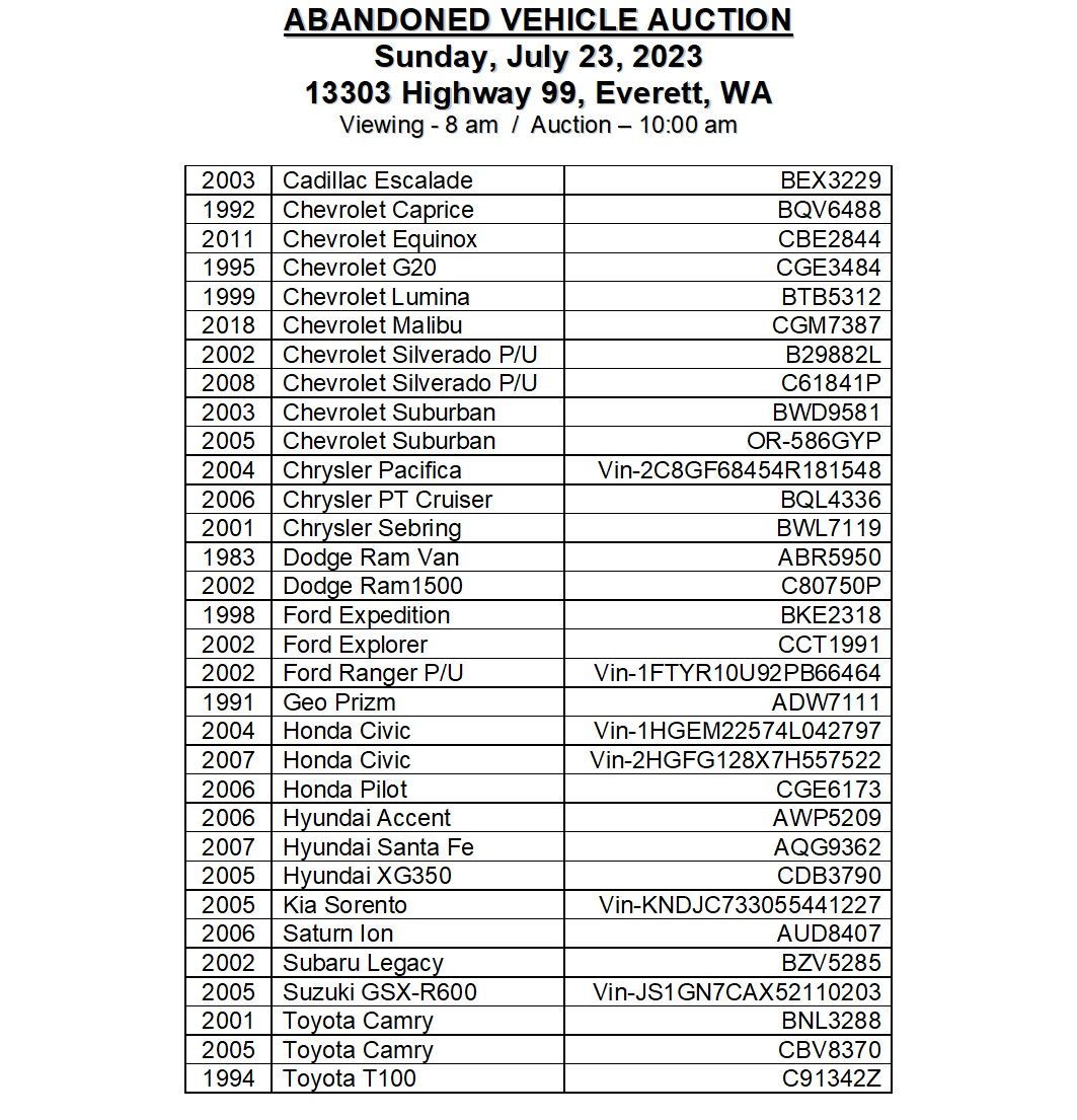 Vehicle Auction-Everett, WA - Mary's Towing