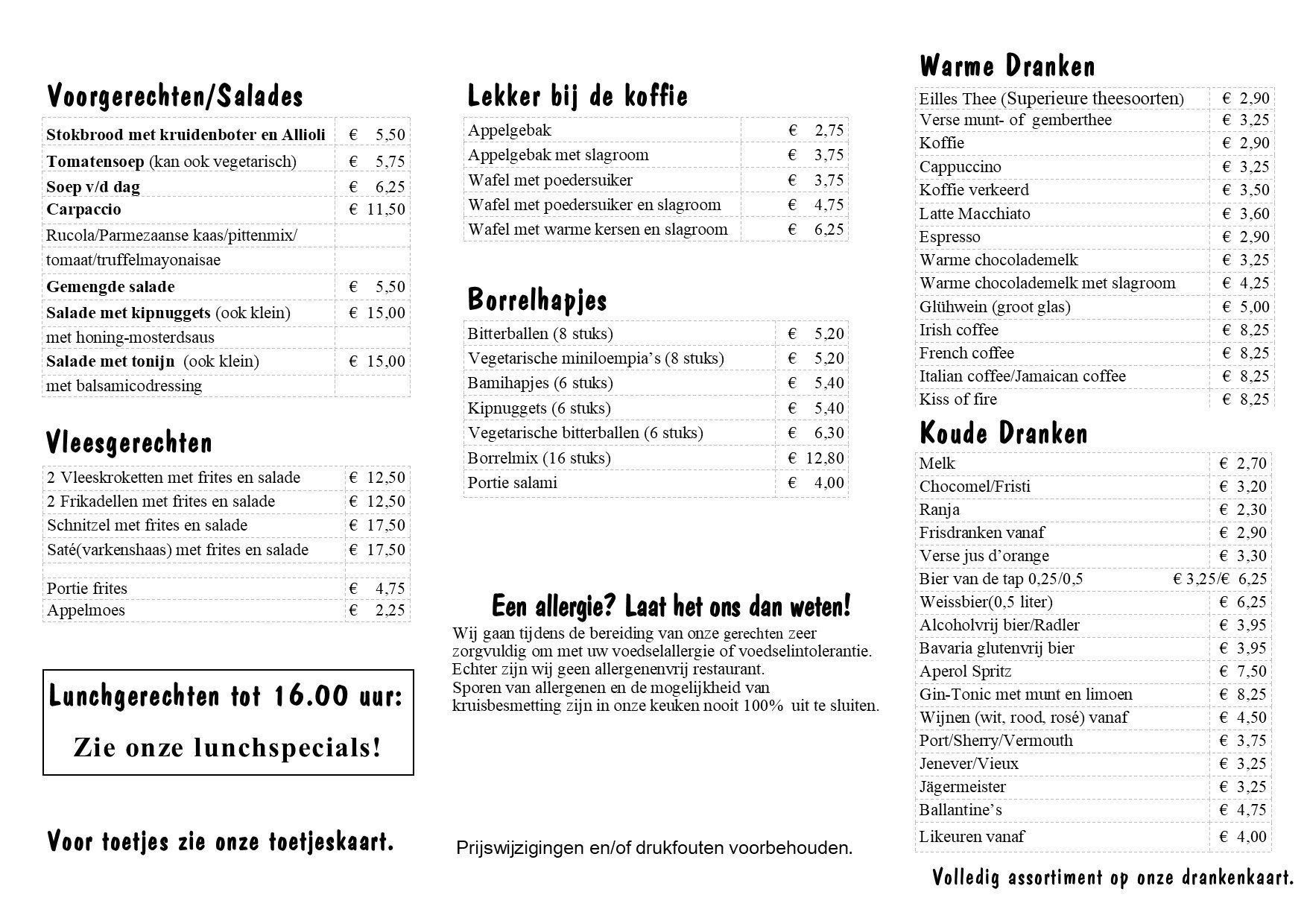 Menukaart Hans en Grietje Pannenkoeken in Noorwijk