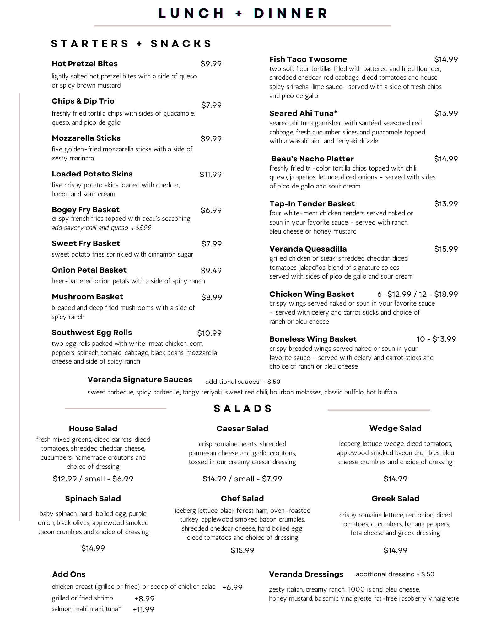 Beau Rivage - Dining | Veranda Bar & Grill | Menu