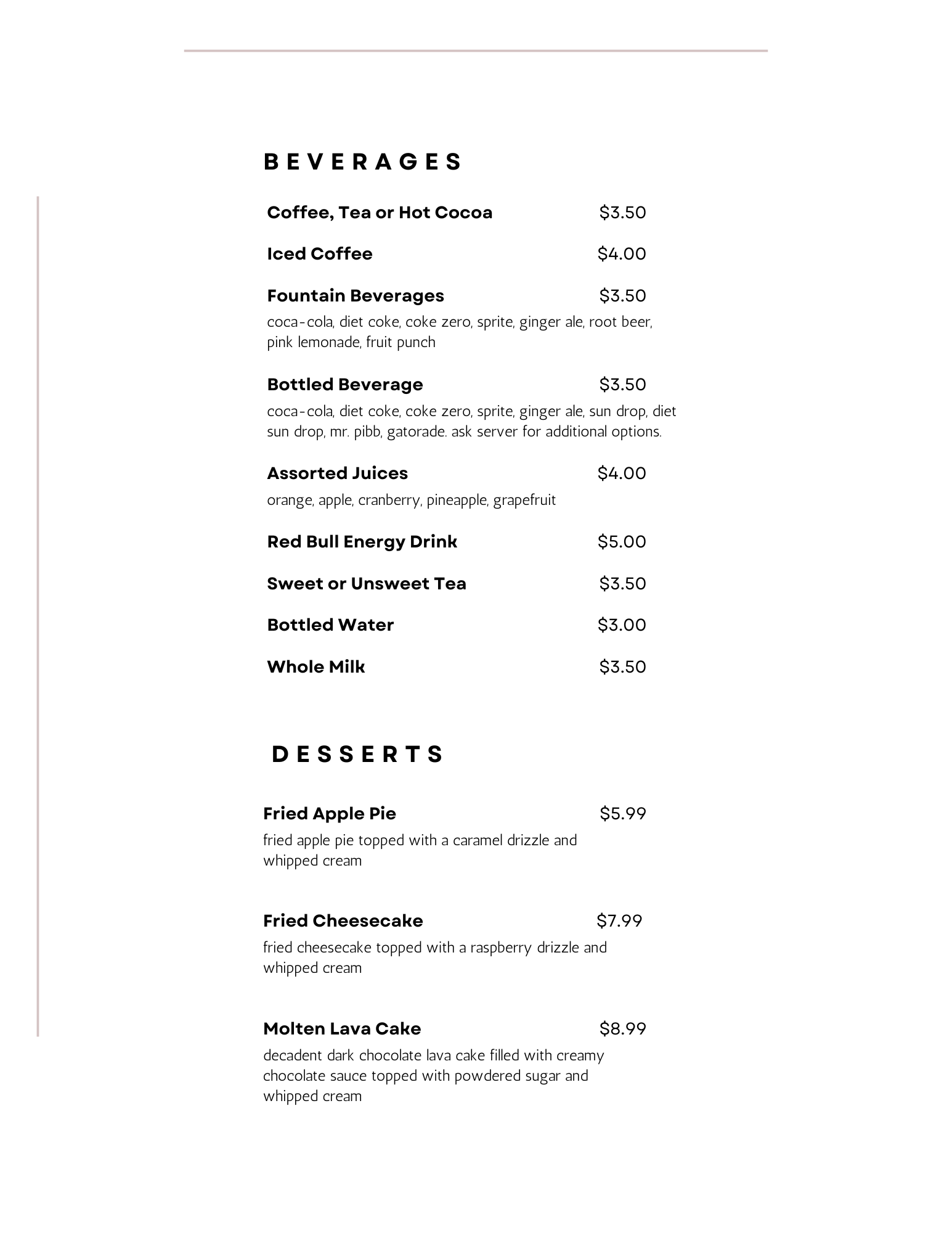 Beau Rivage - Dining | Veranda Bar & Grill | Menu