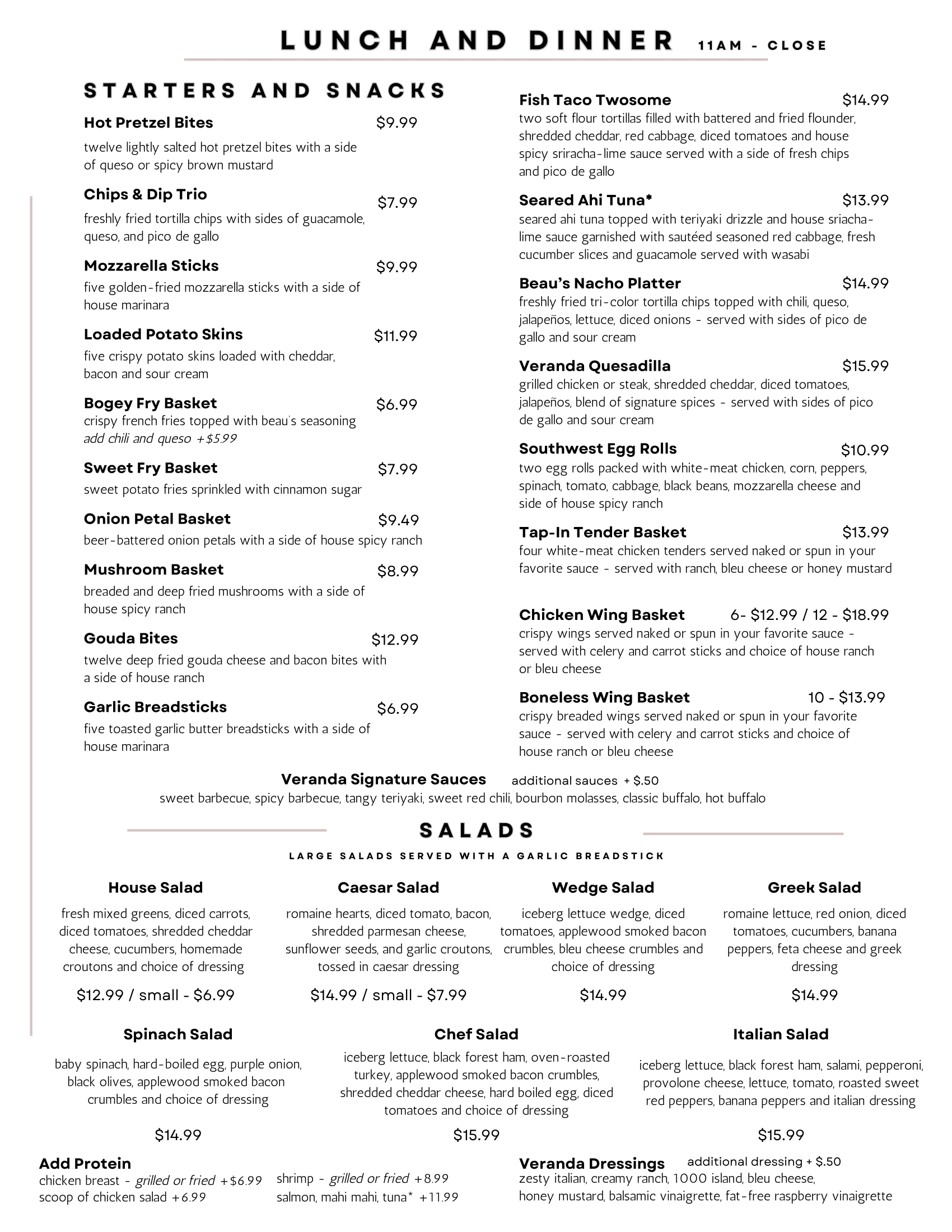 Beau Rivage - Dining | Veranda Bar & Grill | Menu