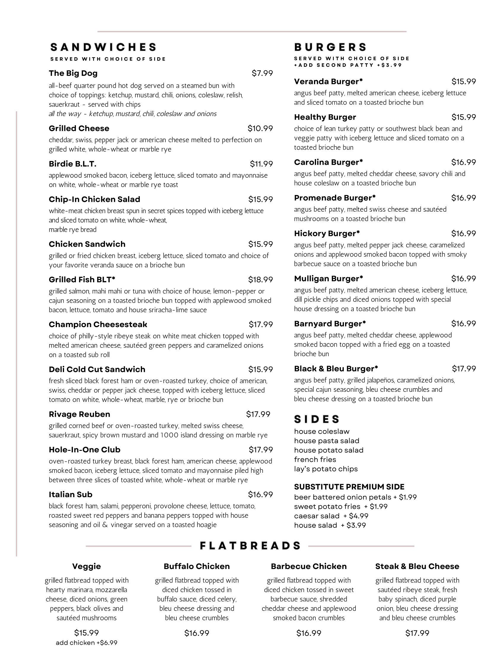 Beau Rivage - Dining | Veranda Bar & Grill | Menu