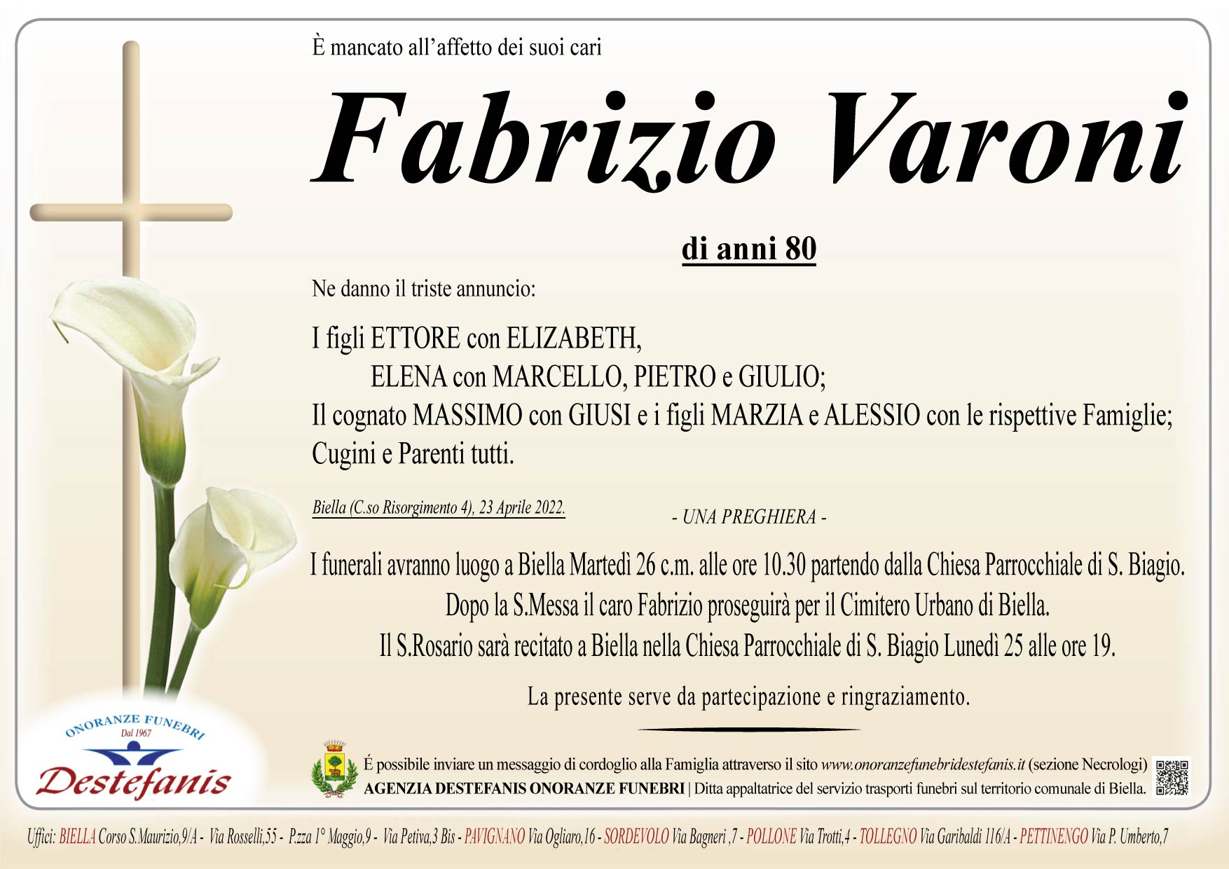 Elenco deceduti | Biella, BI | Impresa Funebre Destefanis