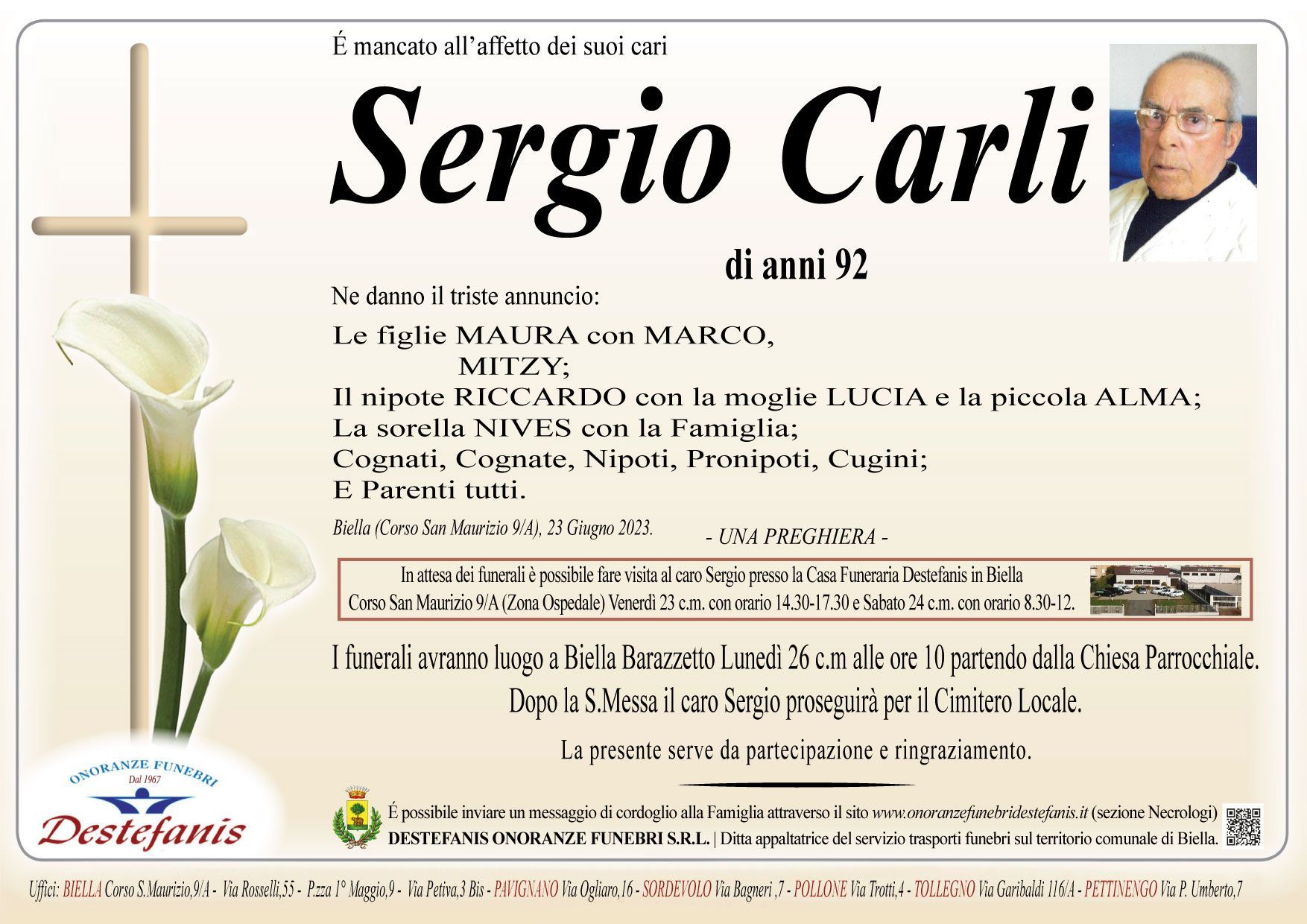 Elenco deceduti | Biella, BI | Impresa Funebre Destefanis