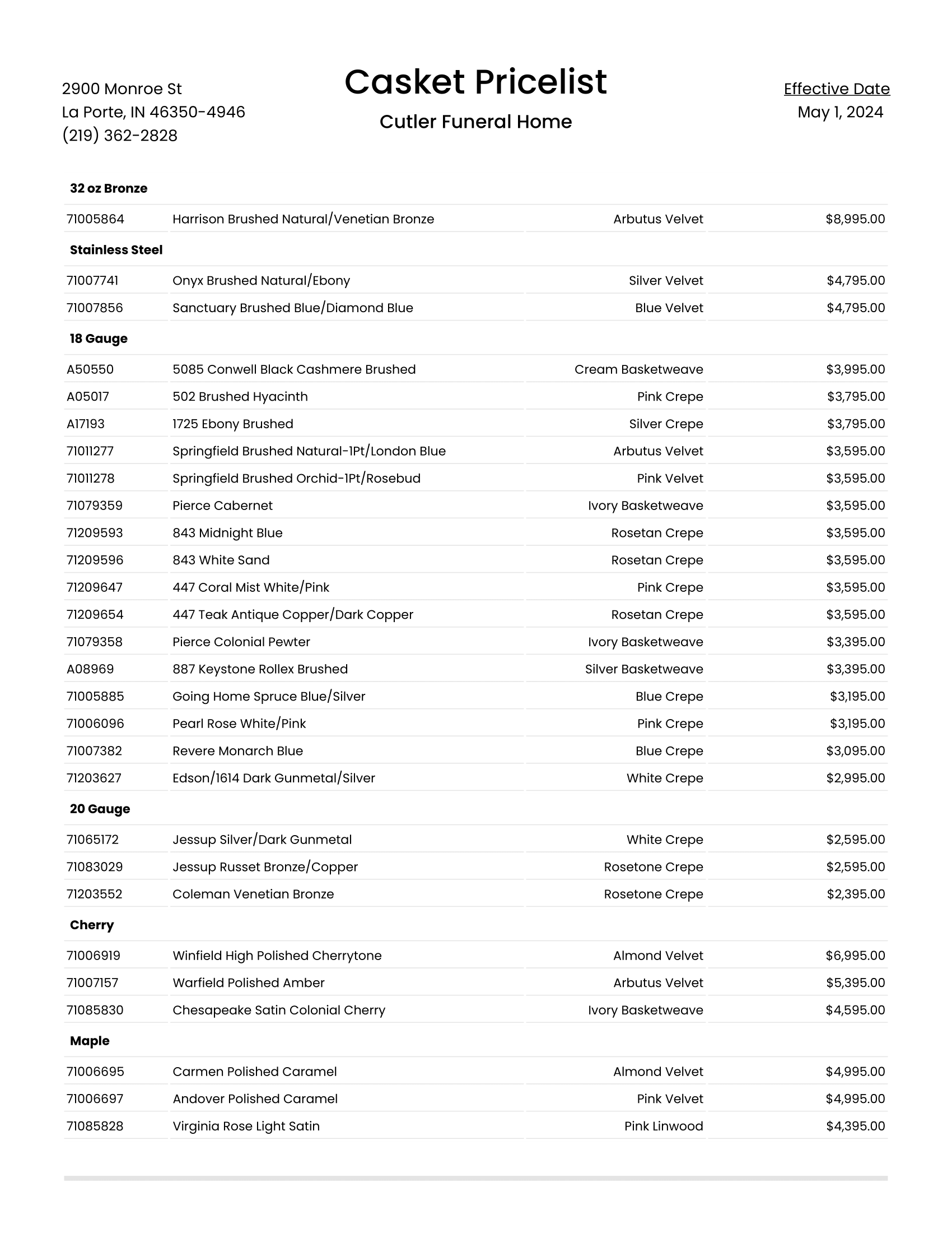 General Price List | Cutler Funeral Home and Cremation Center