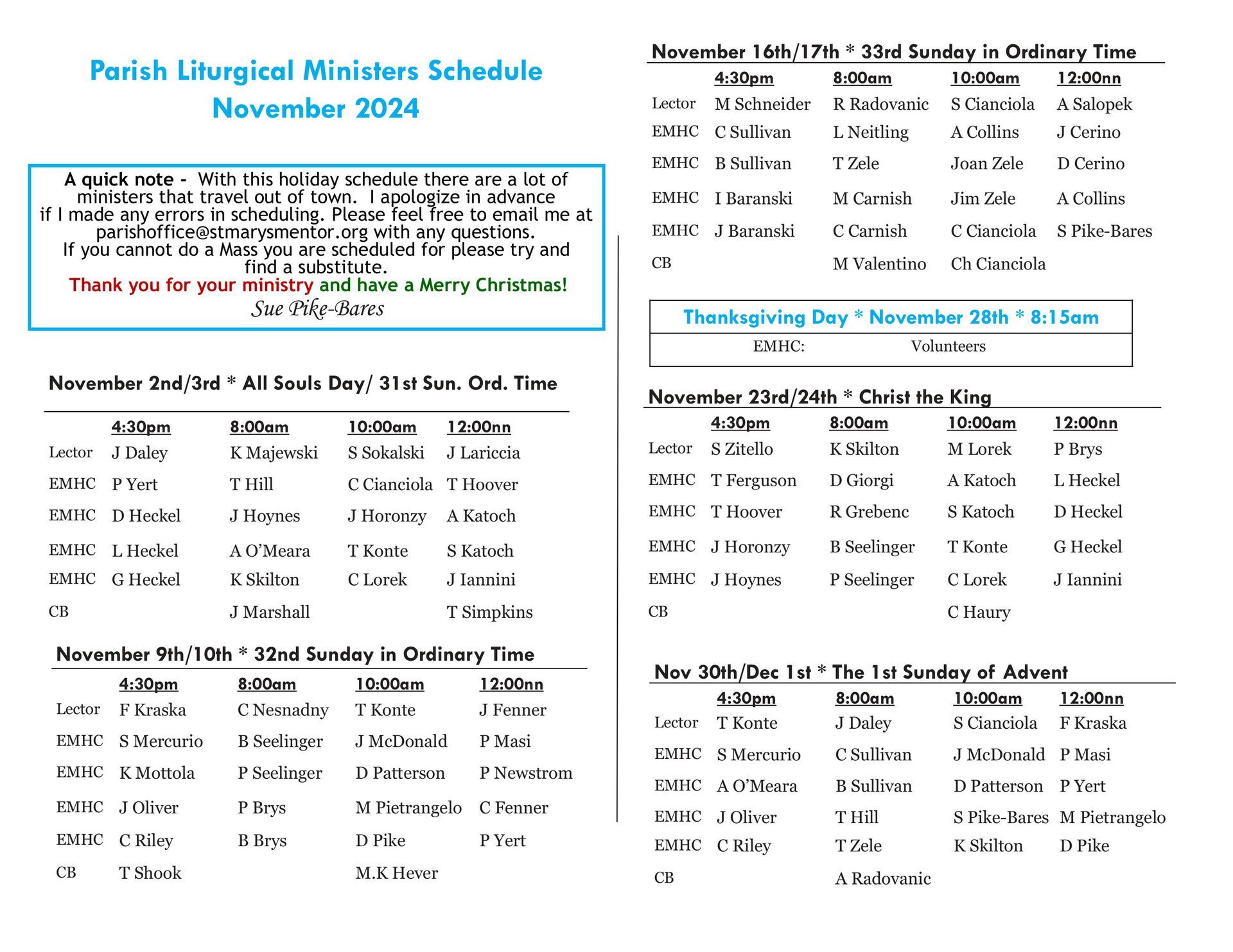 Liturgical Ministry Schedule