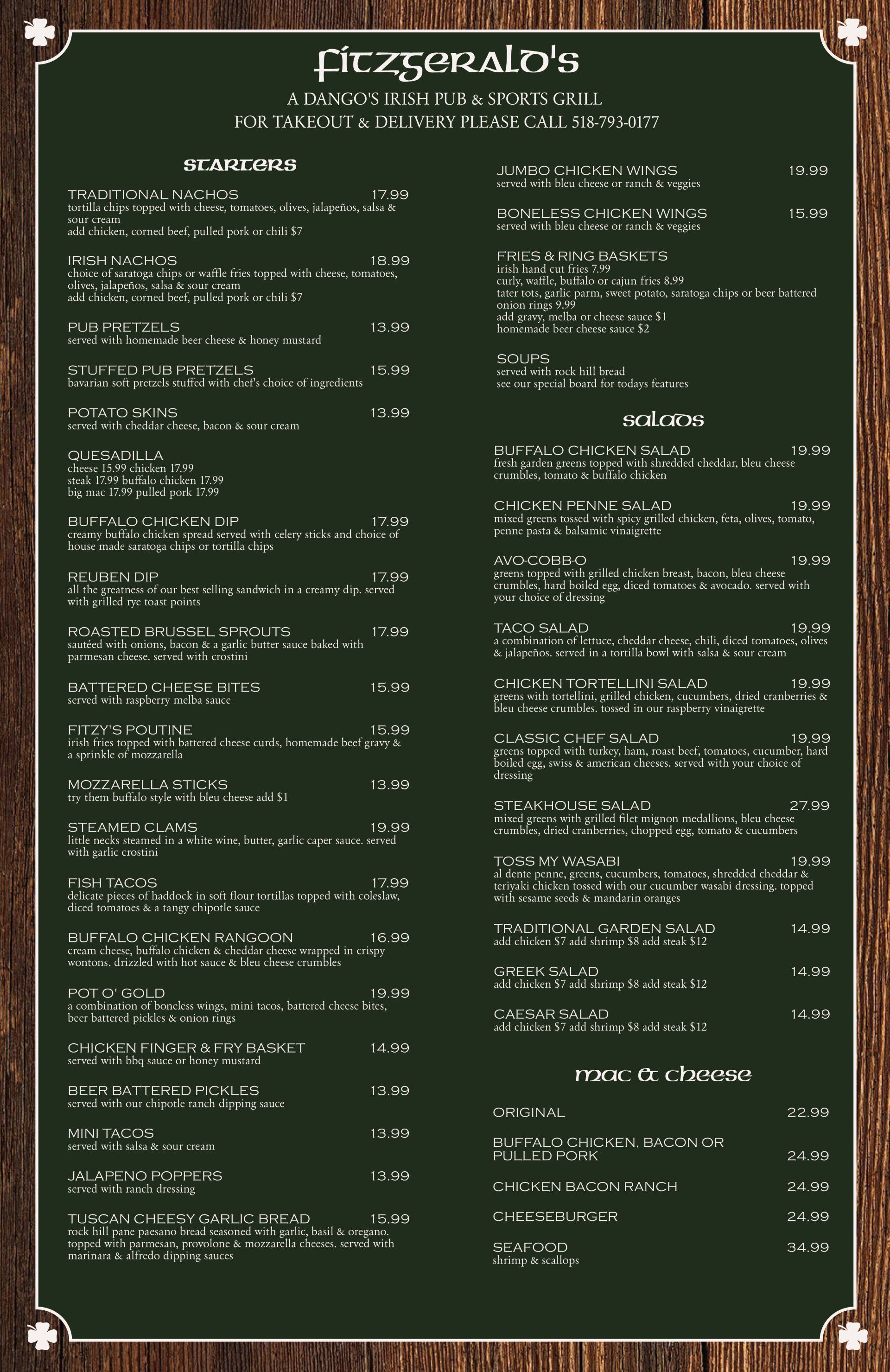 Menu | Fitzgeralds Irish Sports Bar | South Glens Falls NY