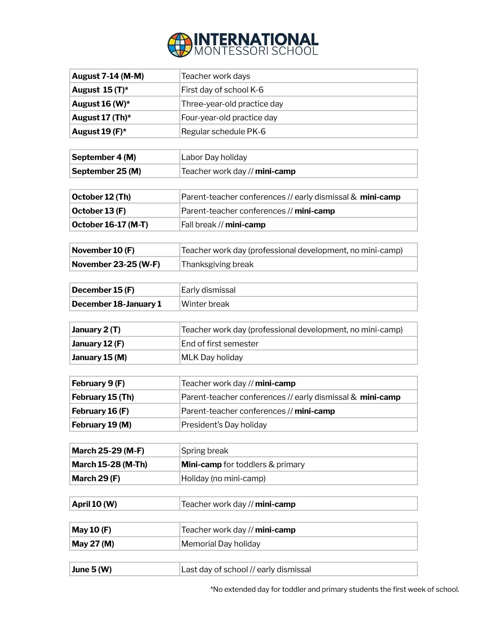 Calendar | International Montessori School | Durham, NC