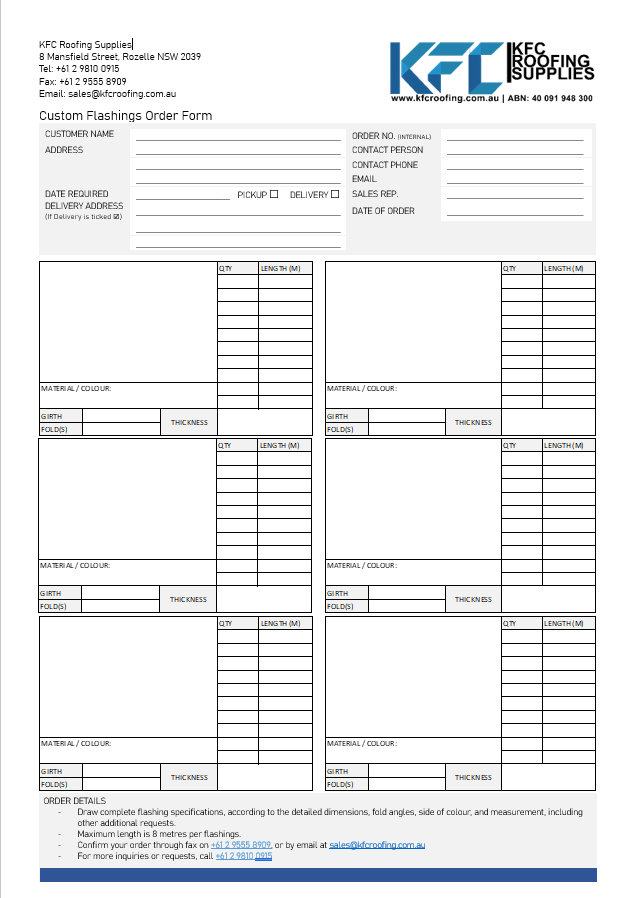 Custom Flashings – NSW – KFC Roofing Supplies