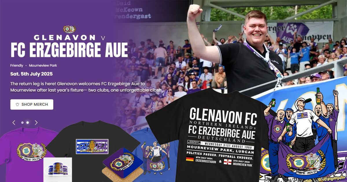 Exclusive Glenavon FC v FC Erzgebirge Aue Fan Merch – Limited Edition T-Shirts, Flags, Mugs & More
