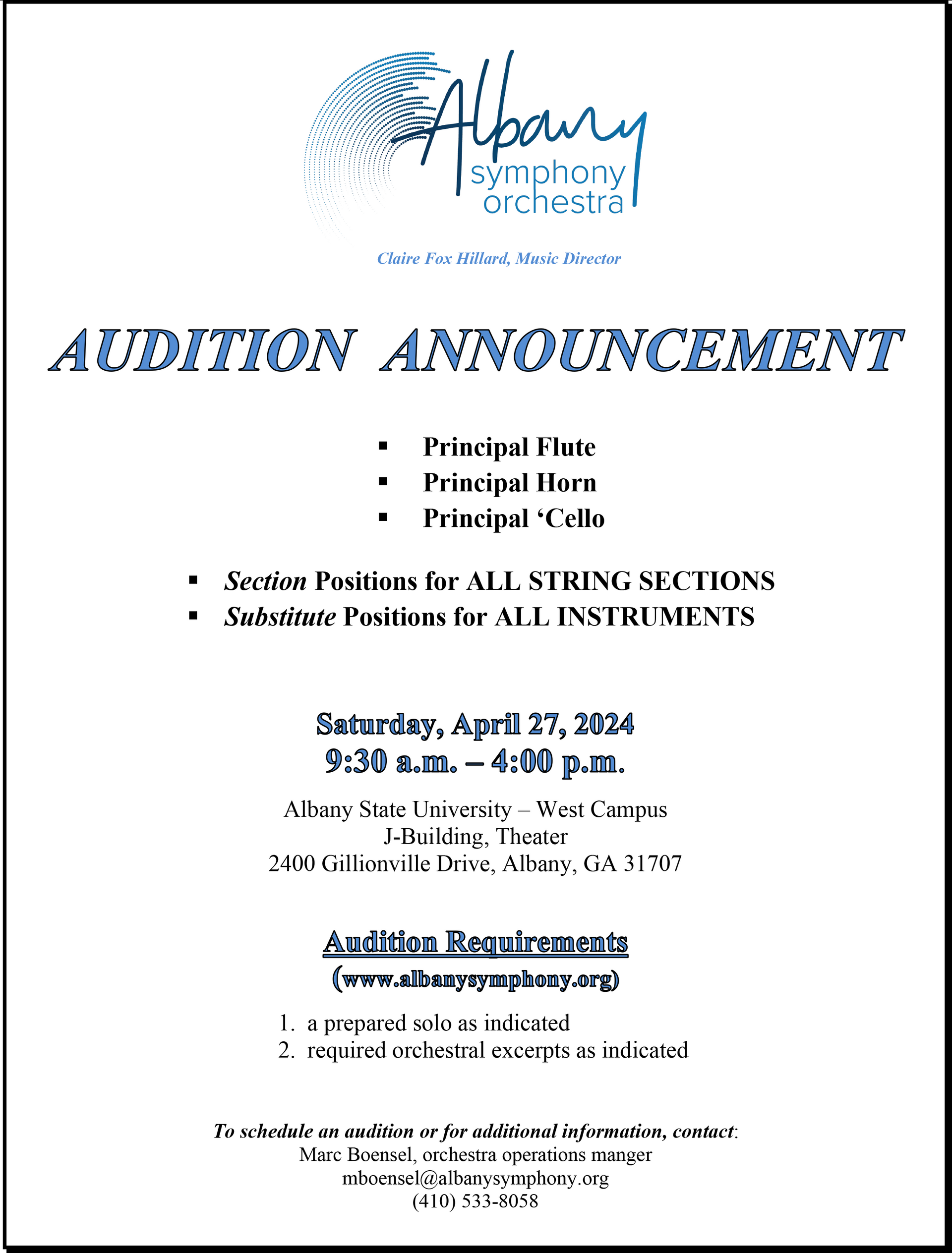 Audition Announcement | Albany Symphony Orchestra