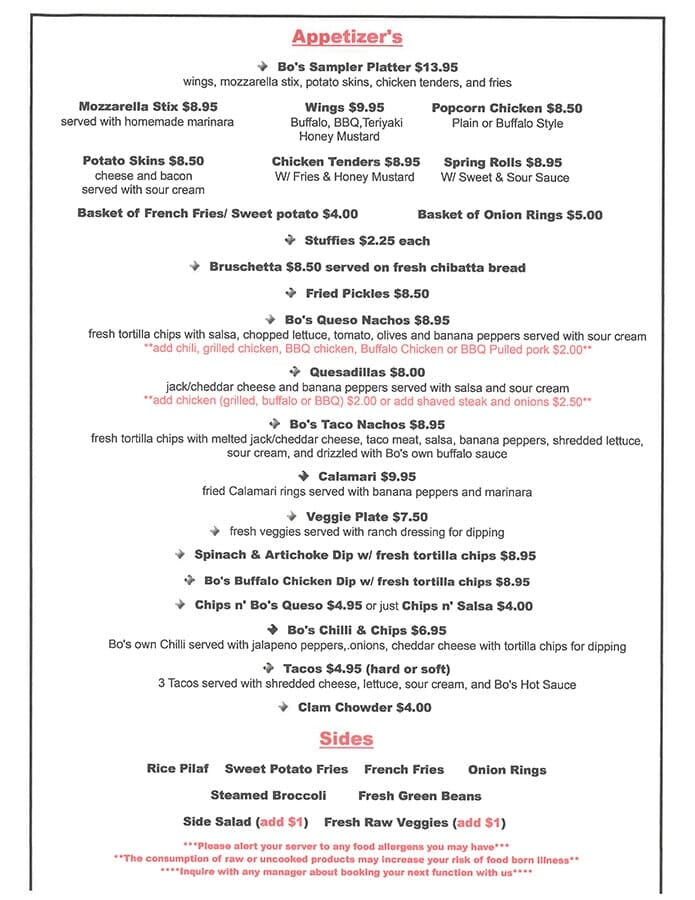 Menu - Warwick, RI - Bo's Bar and Billiards