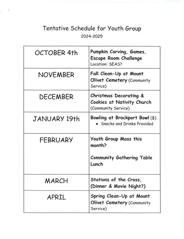 Youth Group Schedule