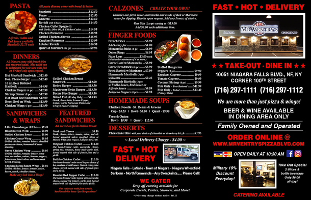 Menu | Niagara Falls, NY | Mr. Ventry's Pizza on the Boulevard