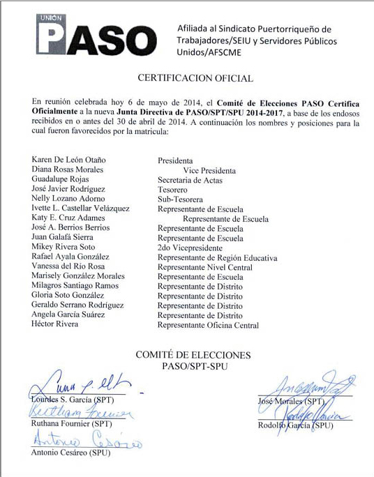 Electa la nueva Junta Directiva de la Unión PASO, SPT/SPU