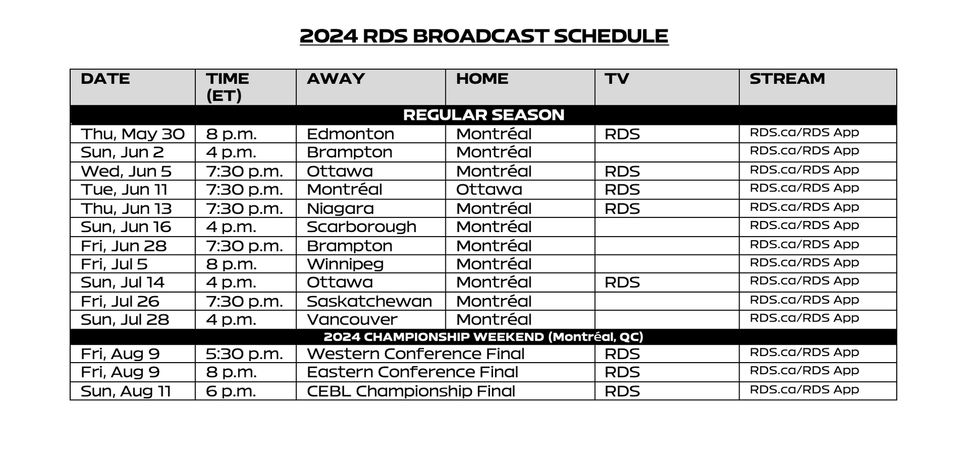 CEBL ANNOUNCES 2024 RDS BROADCAST SCHEDULE