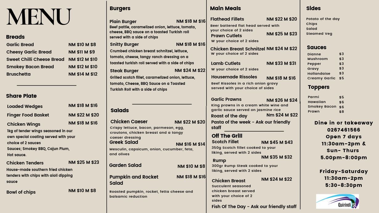 RSL Club Bistro Menu in Quirindi, NSW | Club Quirindi