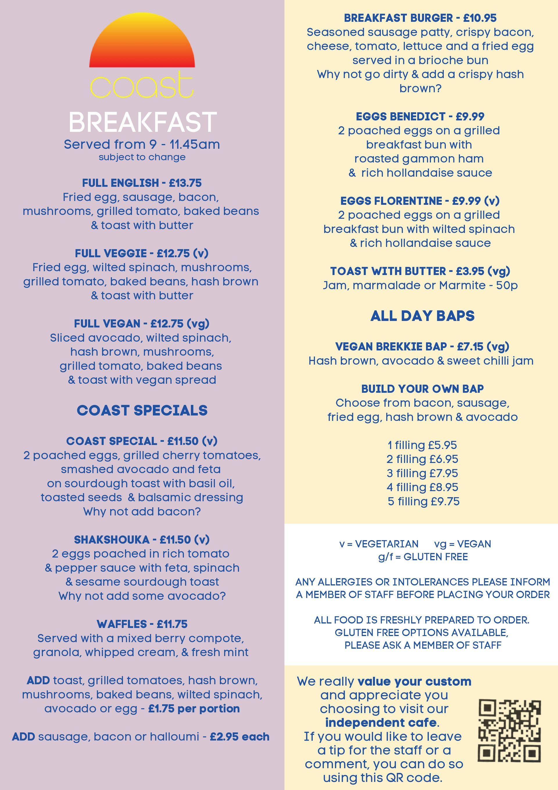 Delicious Menu | Coast Cafe Worthing