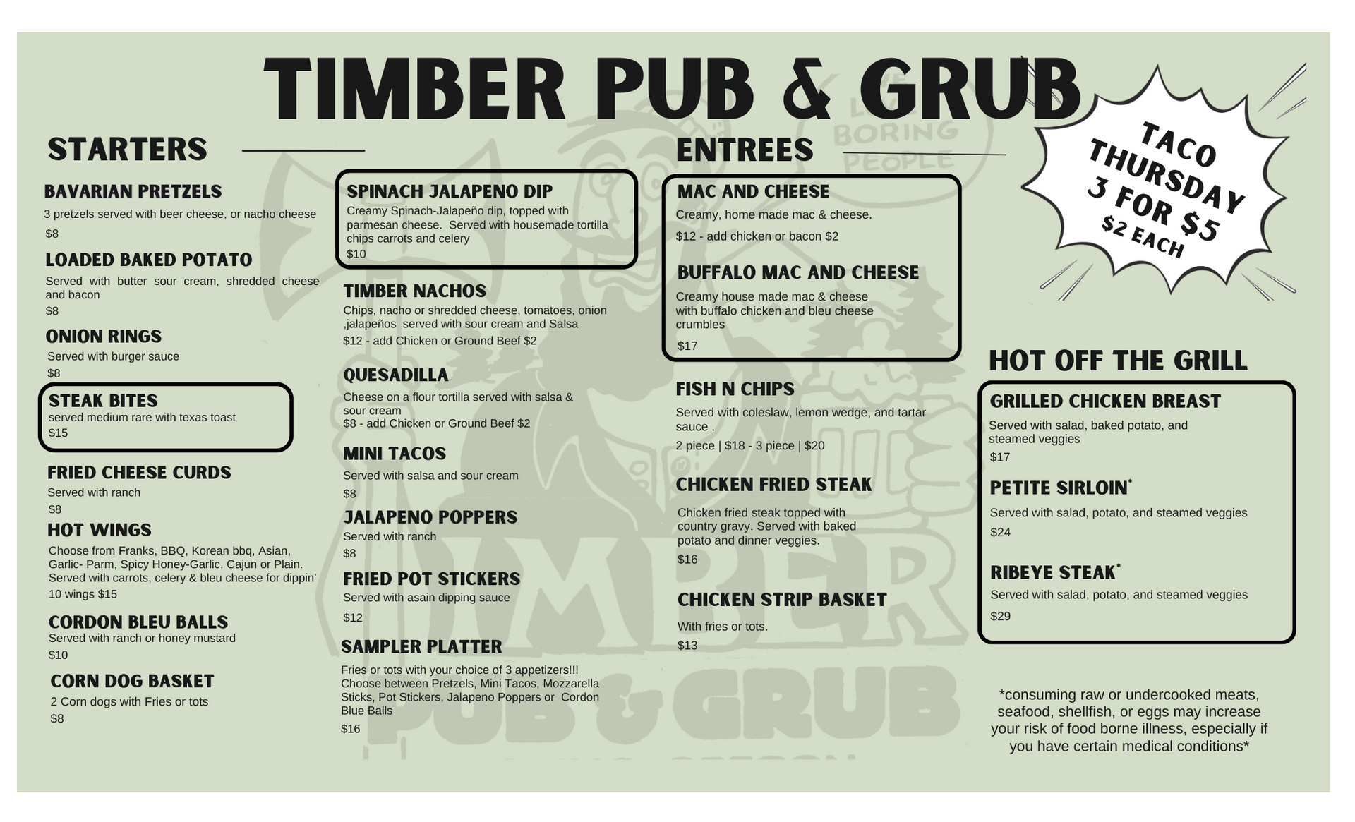 Appetizers/Baskets Menu | Timber Pub & Grub