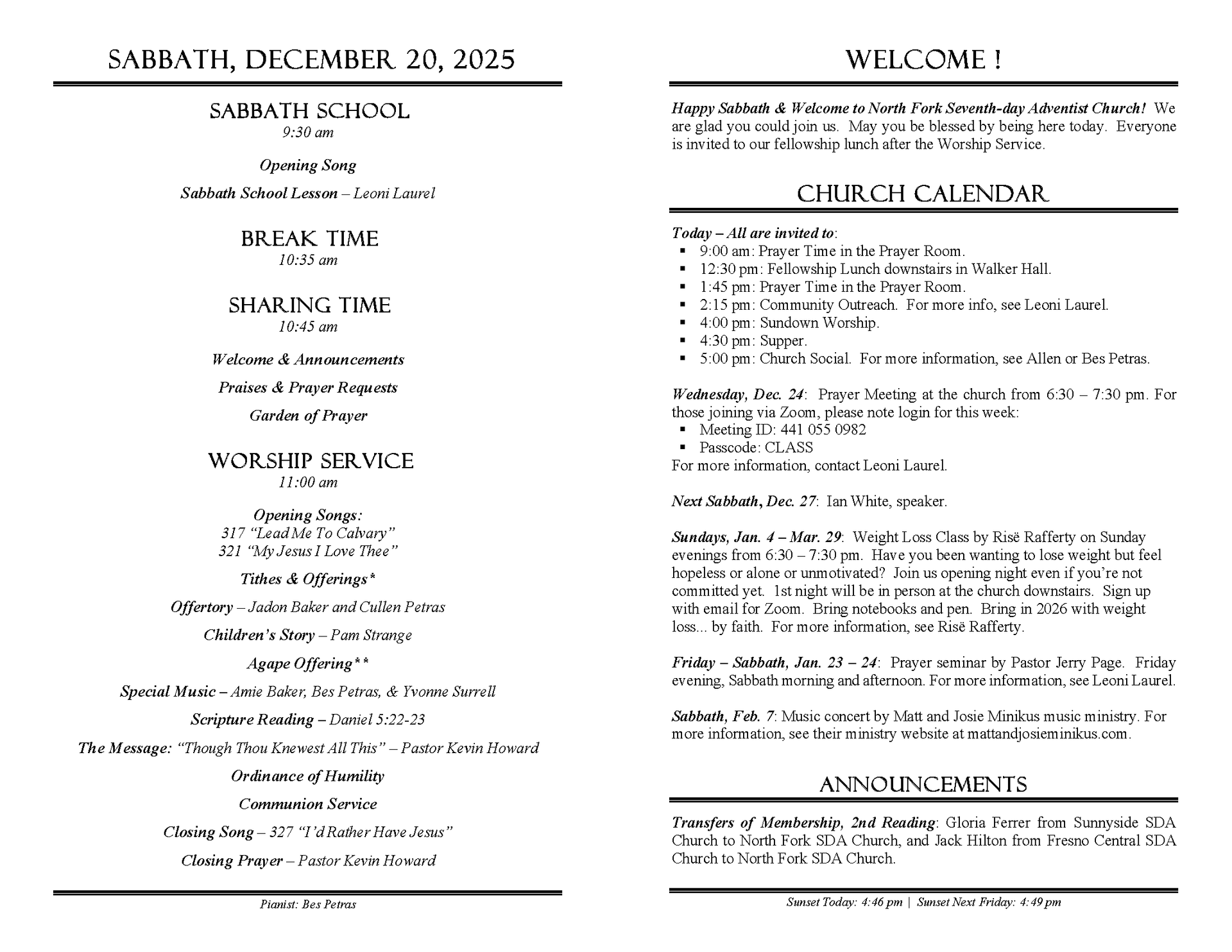 North Fork Seventh Day Adventist Church Bulletins