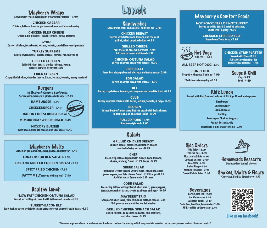 Menu / Mayberry Diners located in Sylvania and Toledo Ohio