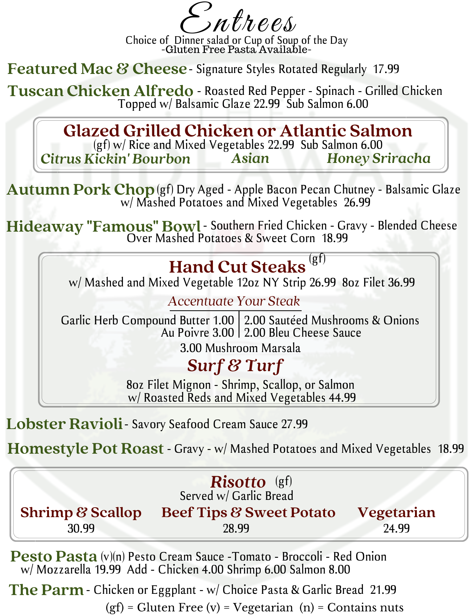 dinner Menu | The Hideaway