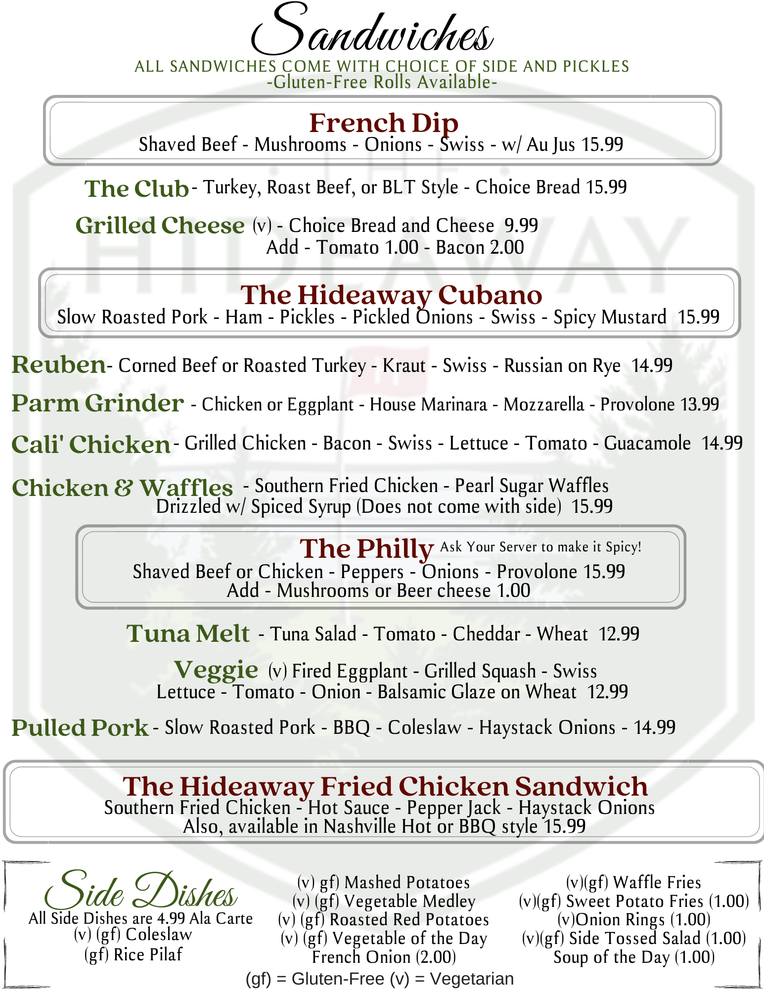 dinner Menu | The Hideaway