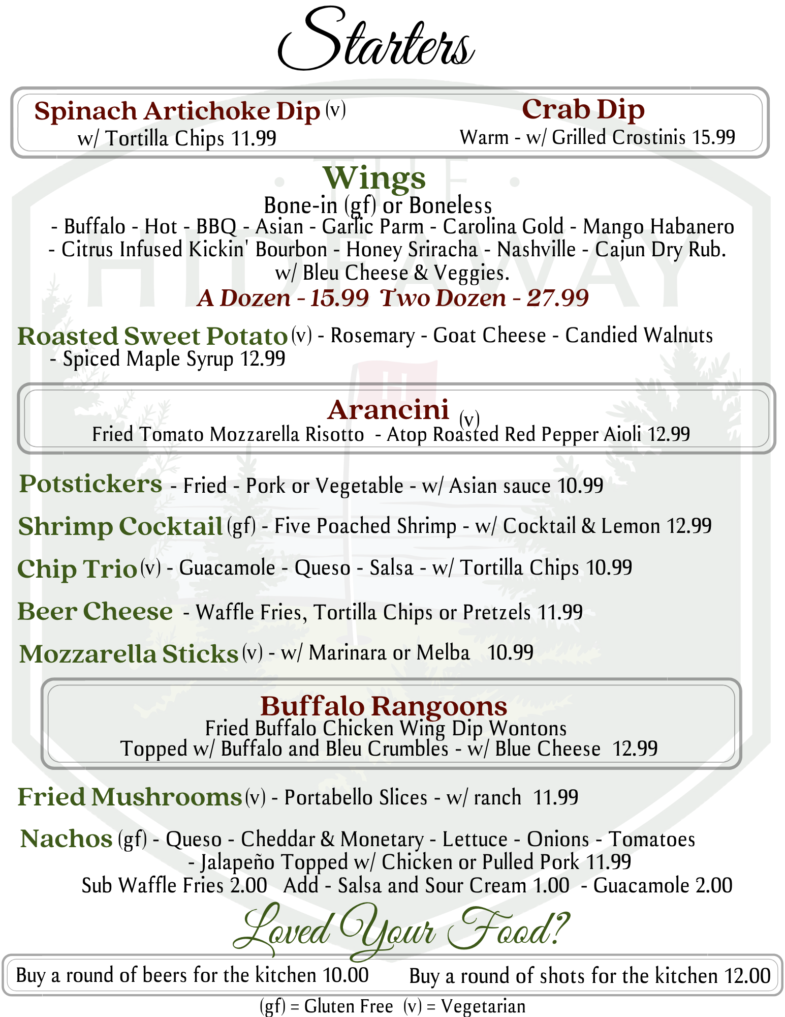 dinner Menu | The Hideaway