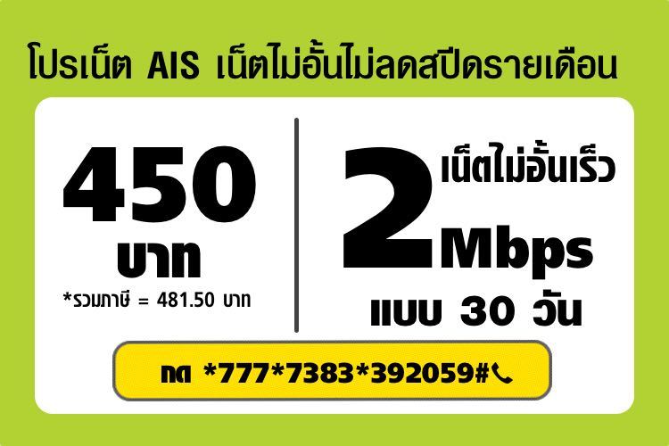 โปรเน็ต AIS รายเดือน 450 บาท เน็ตไม่อั้นไม่ลดสปีด ความเร็ว 2Mbps