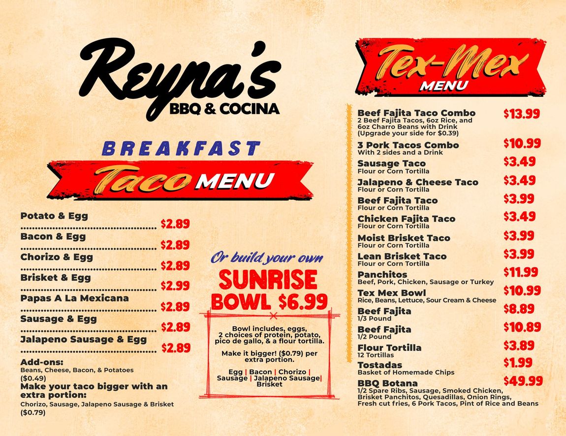 Menu | Reyna's BBQ & Cocina