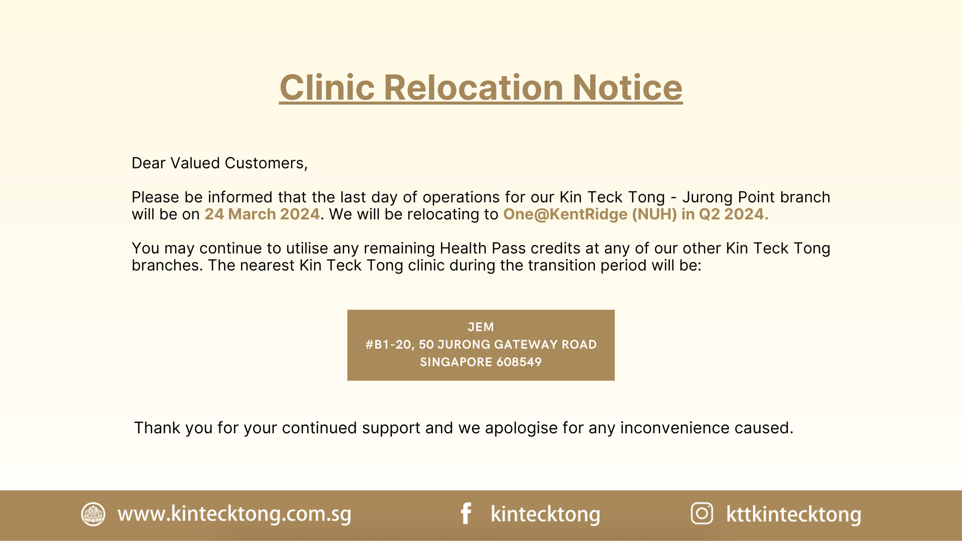 Clinic Relocation Notice | Kin Teck Tong - Jurong Point Branch