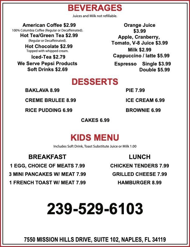 Aldas Diner Menu