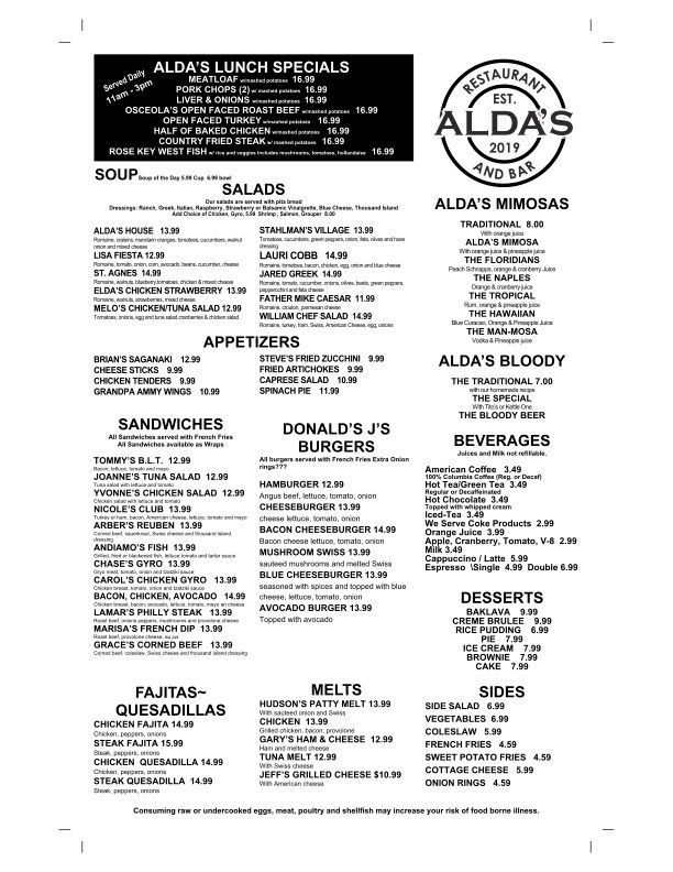 Aldas Diner Menu