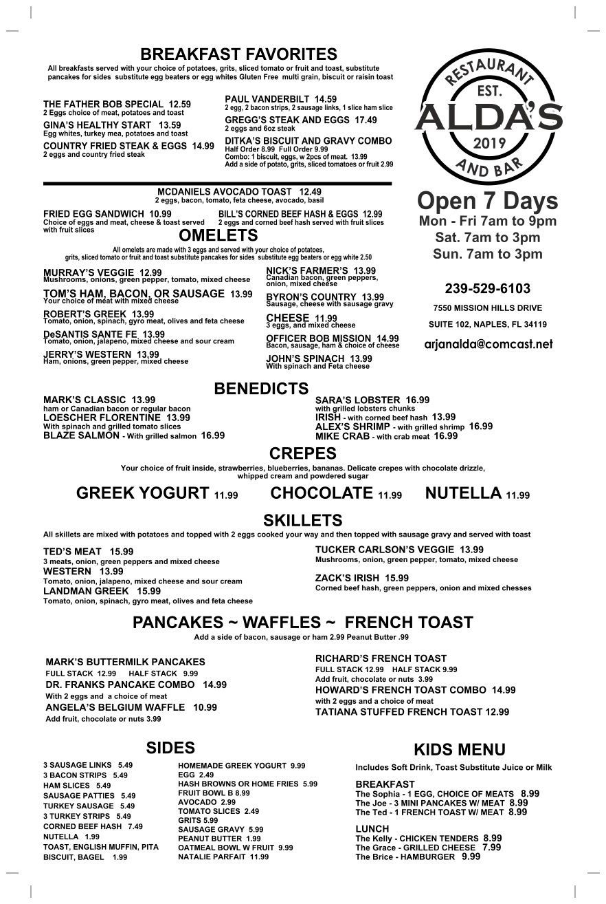 Aldas Diner Menu
