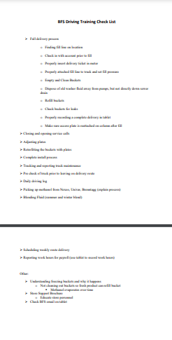 BFS Driving Training Checklist