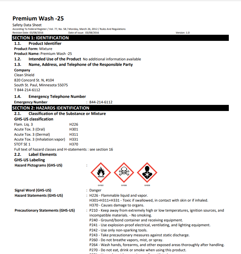 Clean Shield Premium Wash MSDS