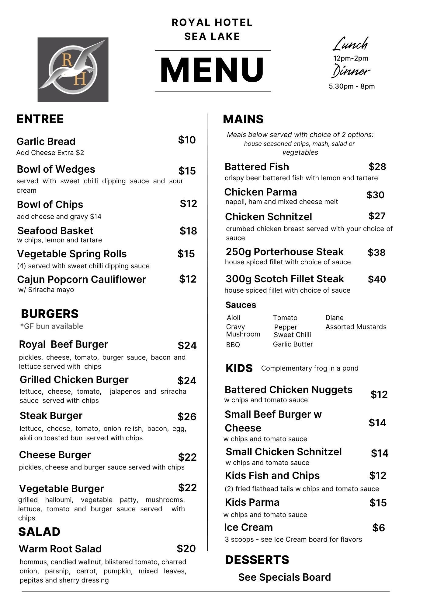 The Royal Hotel Sea Lake Hotel’s Varied Menu in Victoria