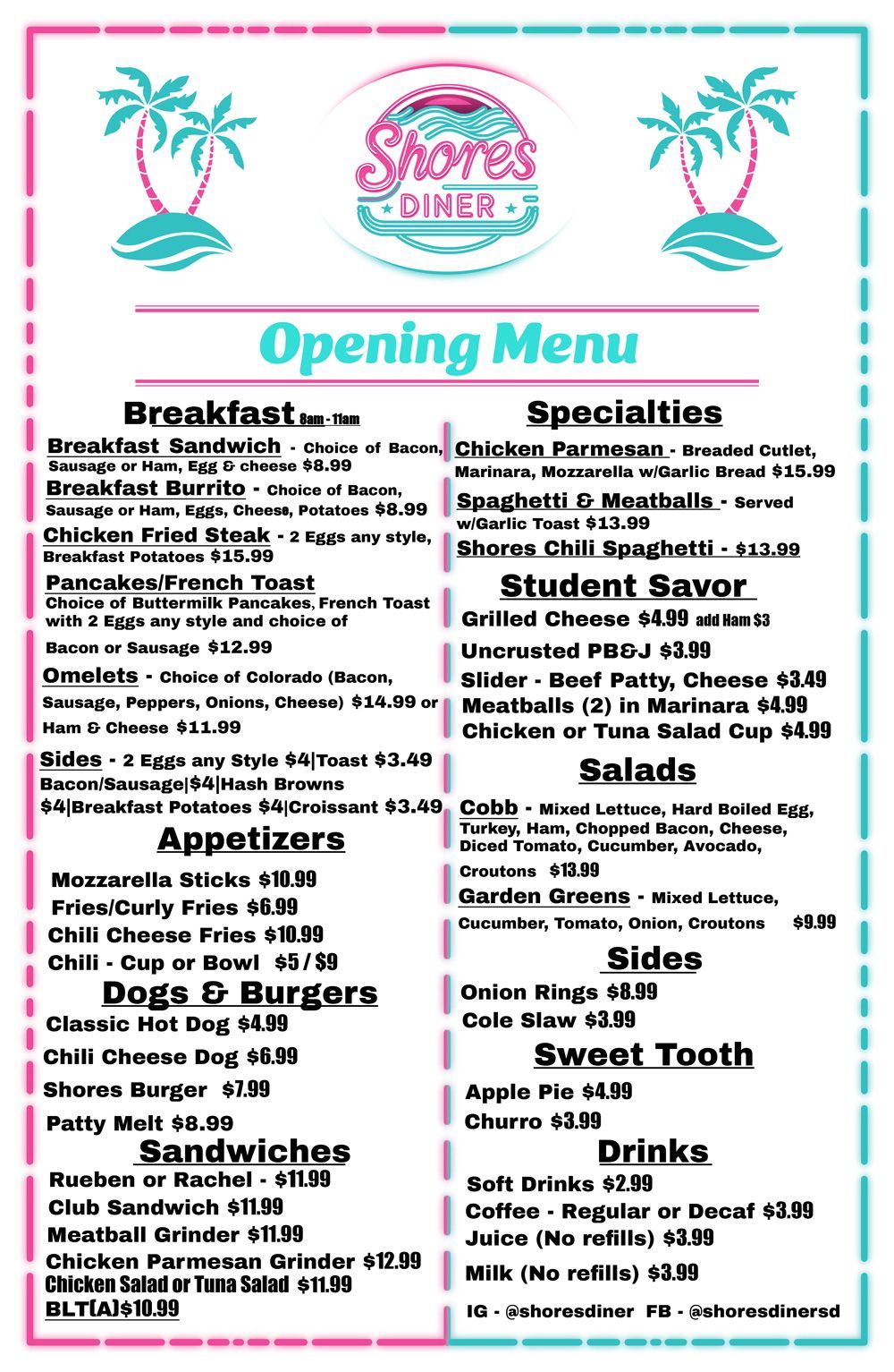 Shores Diner Menu | Order Online or Call (858) 999-0018!