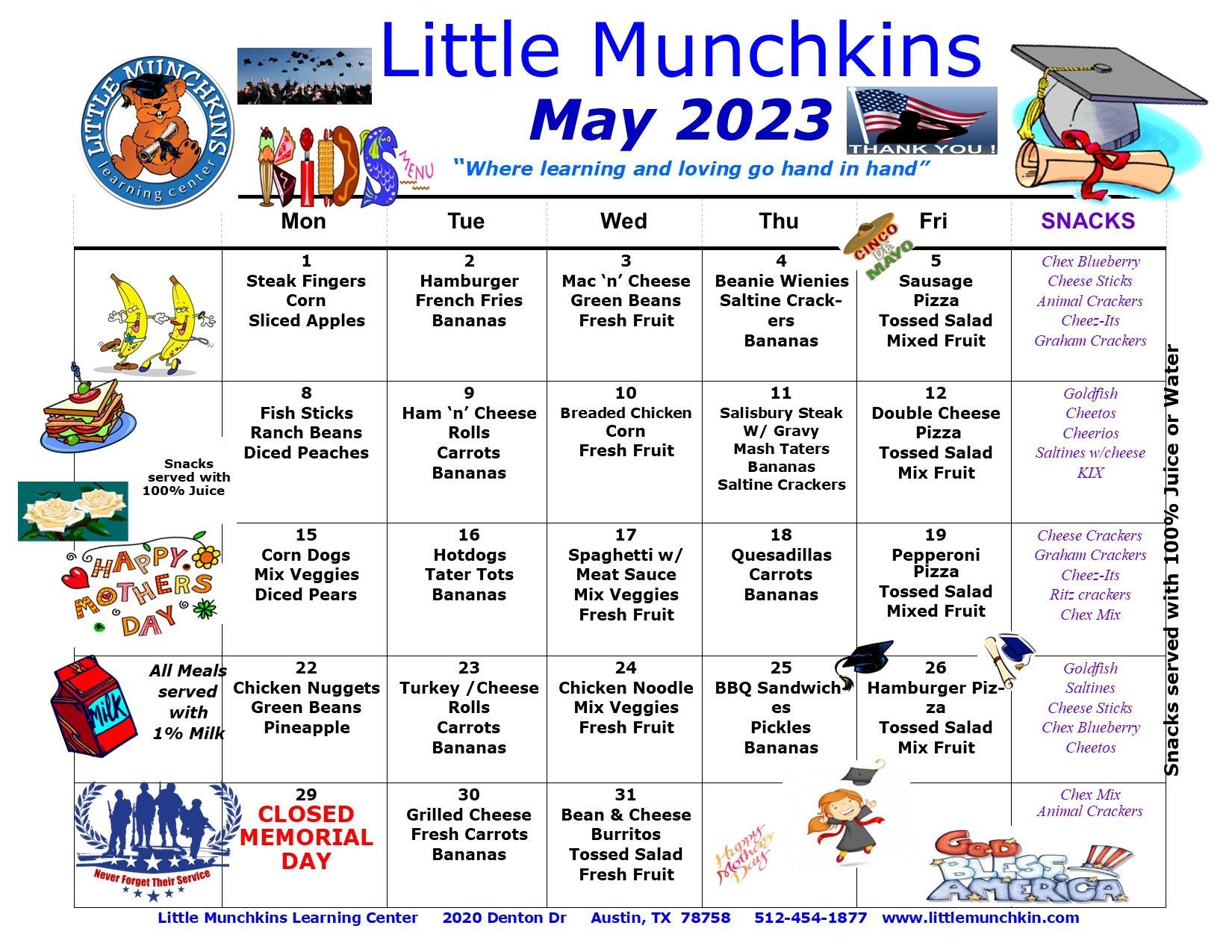 Lunch Menu | Austin, TX | Little Munchkins Learning Center